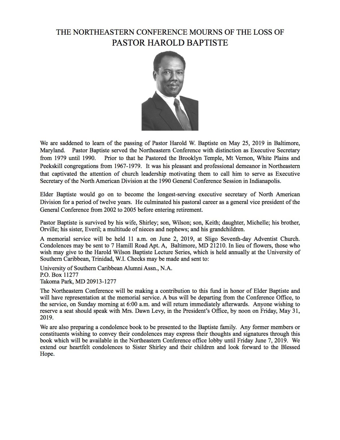 Northeastern Conference Mourns the Loss of Pastor Harold Baptiste ...