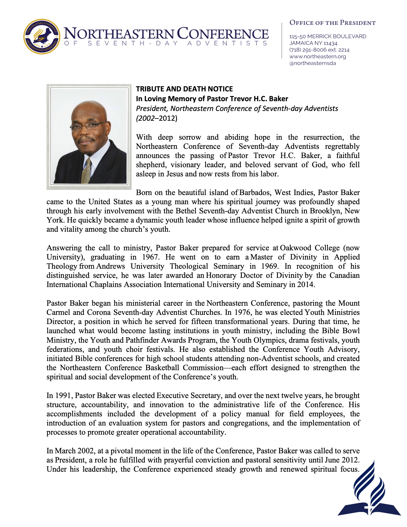 In Loving Memory of Pastor Trevor H.C. Baker - Northeastern Conference ...